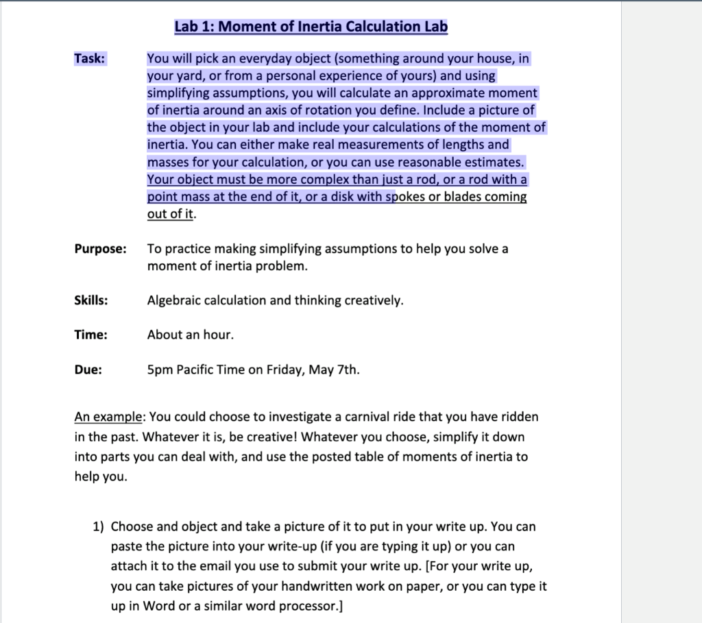 Solved Lab 1: Moment of Inertia Calculation Lab Task: You | Chegg.com