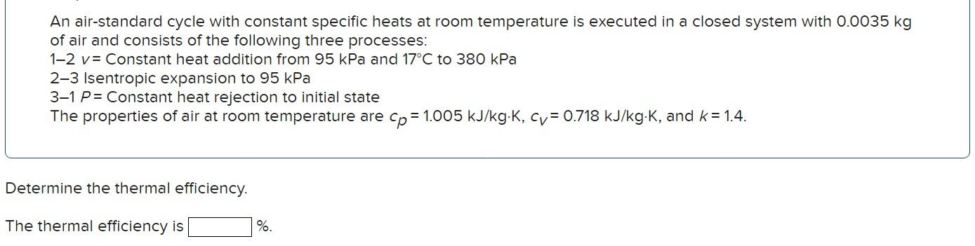 Solved An air-standard cycle with constant specific heats at | Chegg.com