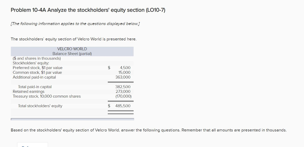 Solved Problem 10-4A Analyze the stockholders' equity | Chegg.com