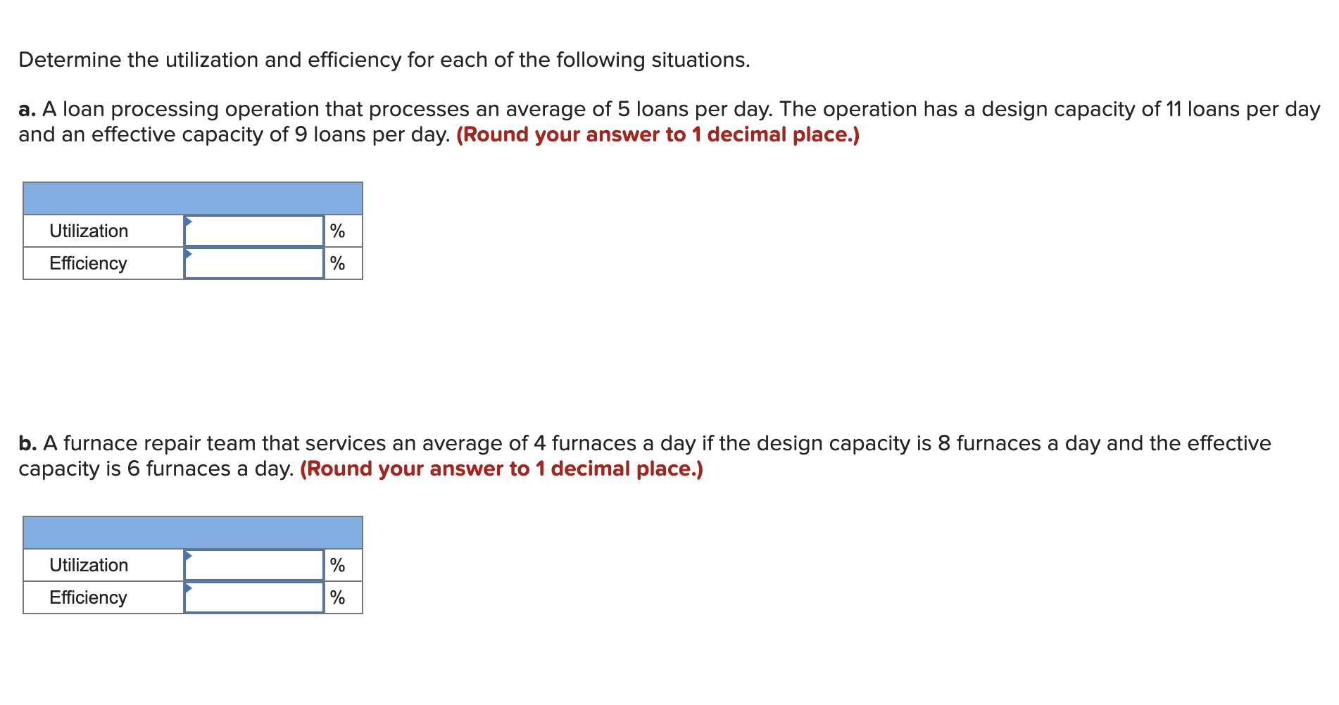 Solved Determine the utilization and efficiency for each of | Chegg.com