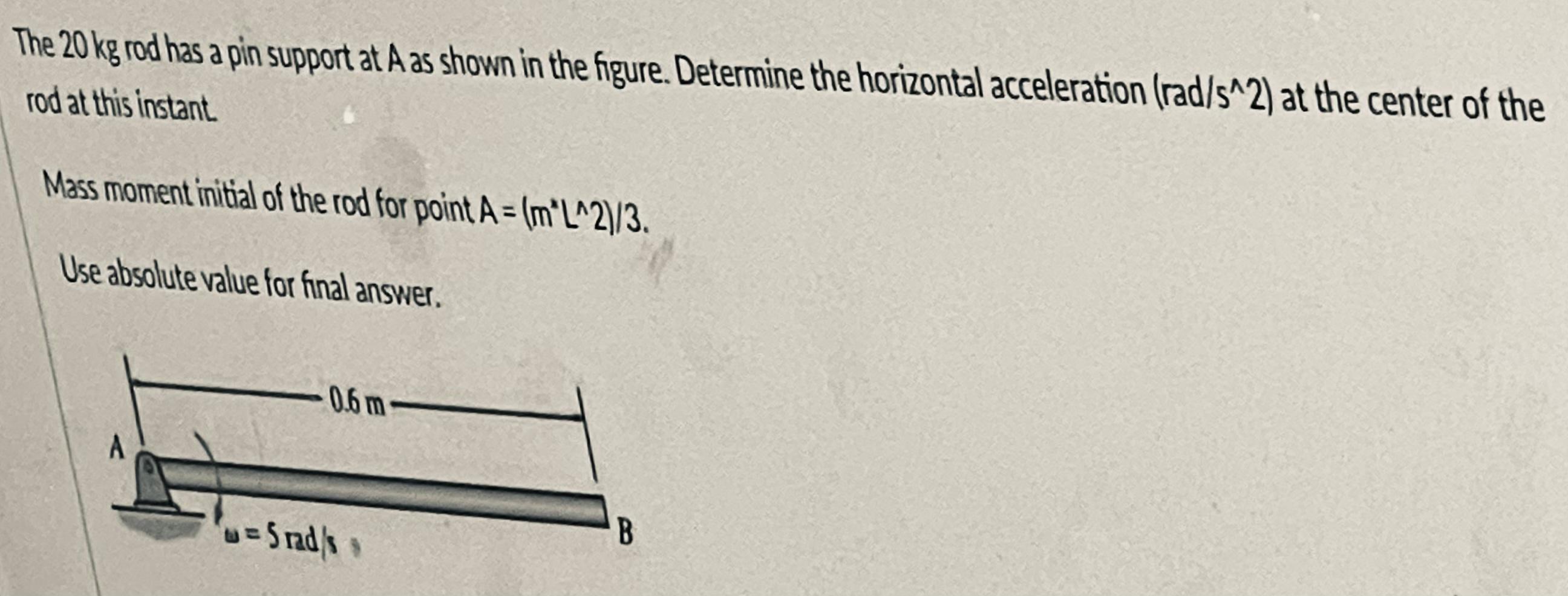 Solved The 20 kg rod has a pin support at A as shown in the | Chegg.com