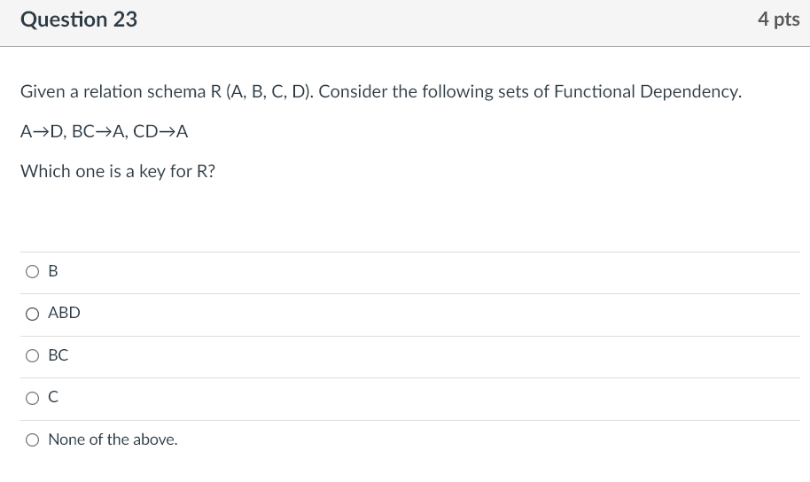 Solved Question 23 4 pts Given a relation schema R (A, B, C, | Chegg.com