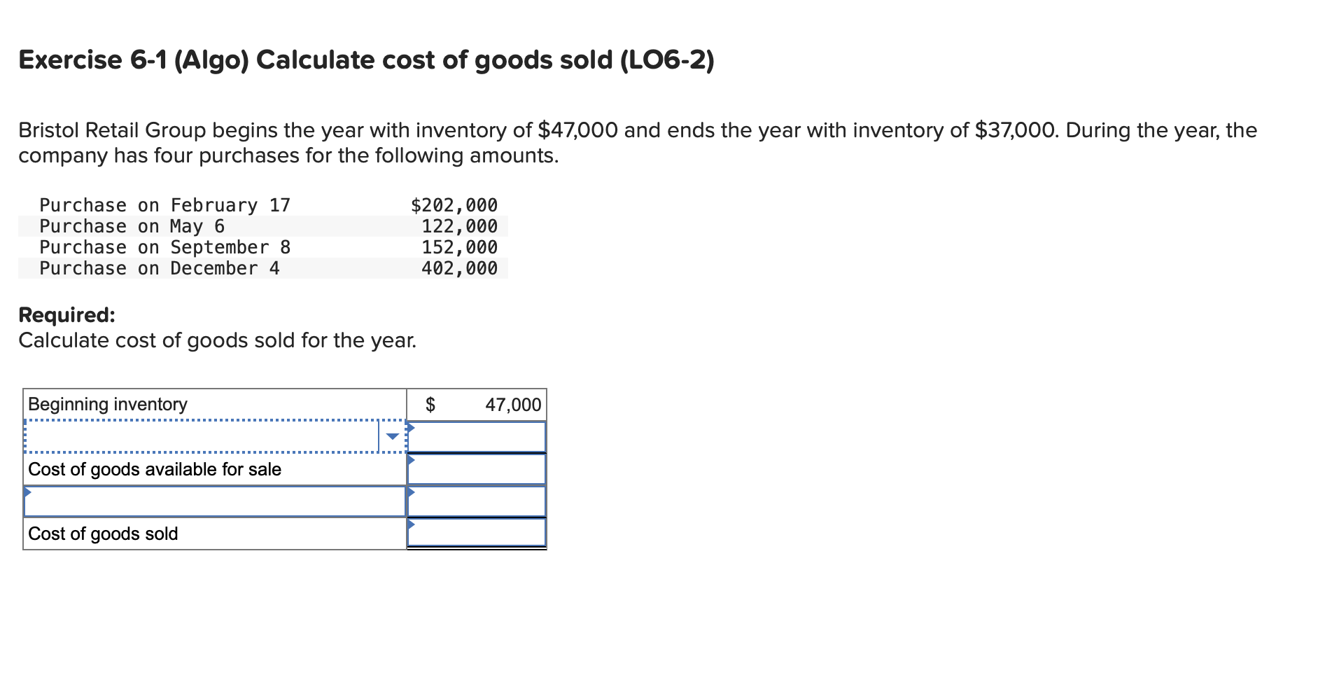 Solved Exercise 6-1 (Algo) ﻿Calculate cost of goods sold | Chegg.com