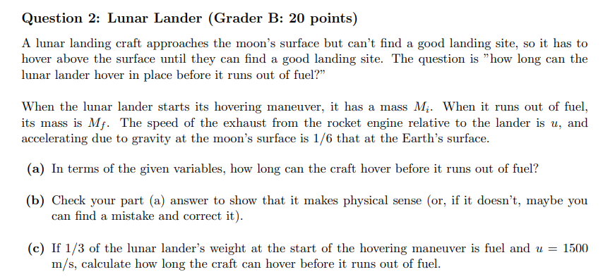 Solved Question 2: Lunar Lander (Grader B: 20 points) A | Chegg.com