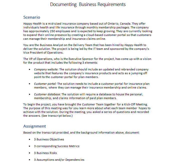 Solved Documenting Business Requirements Scenario Happy | Chegg.com