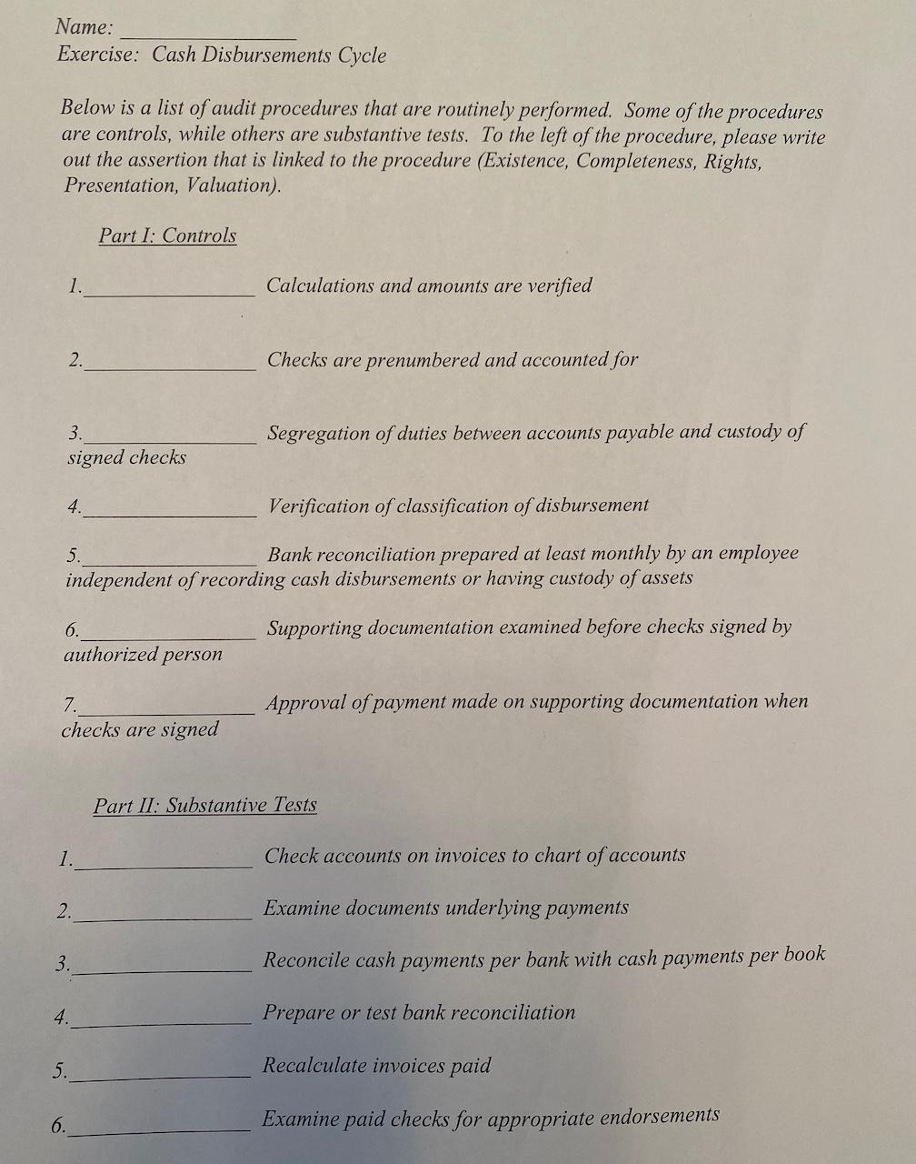 Name: Exercise: Cash Disbursements Cycle Below is a | Chegg.com