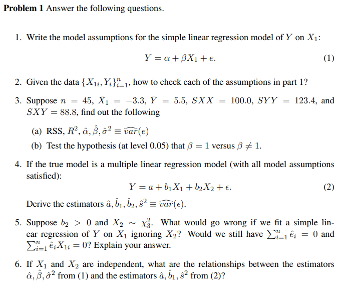 Solved TEXT FROM PHOTO: 1. Write the model assumptions for | Chegg.com