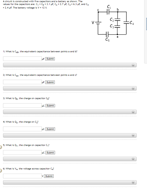 Solved A circuit is constructed with five capacitors and a | Chegg.com