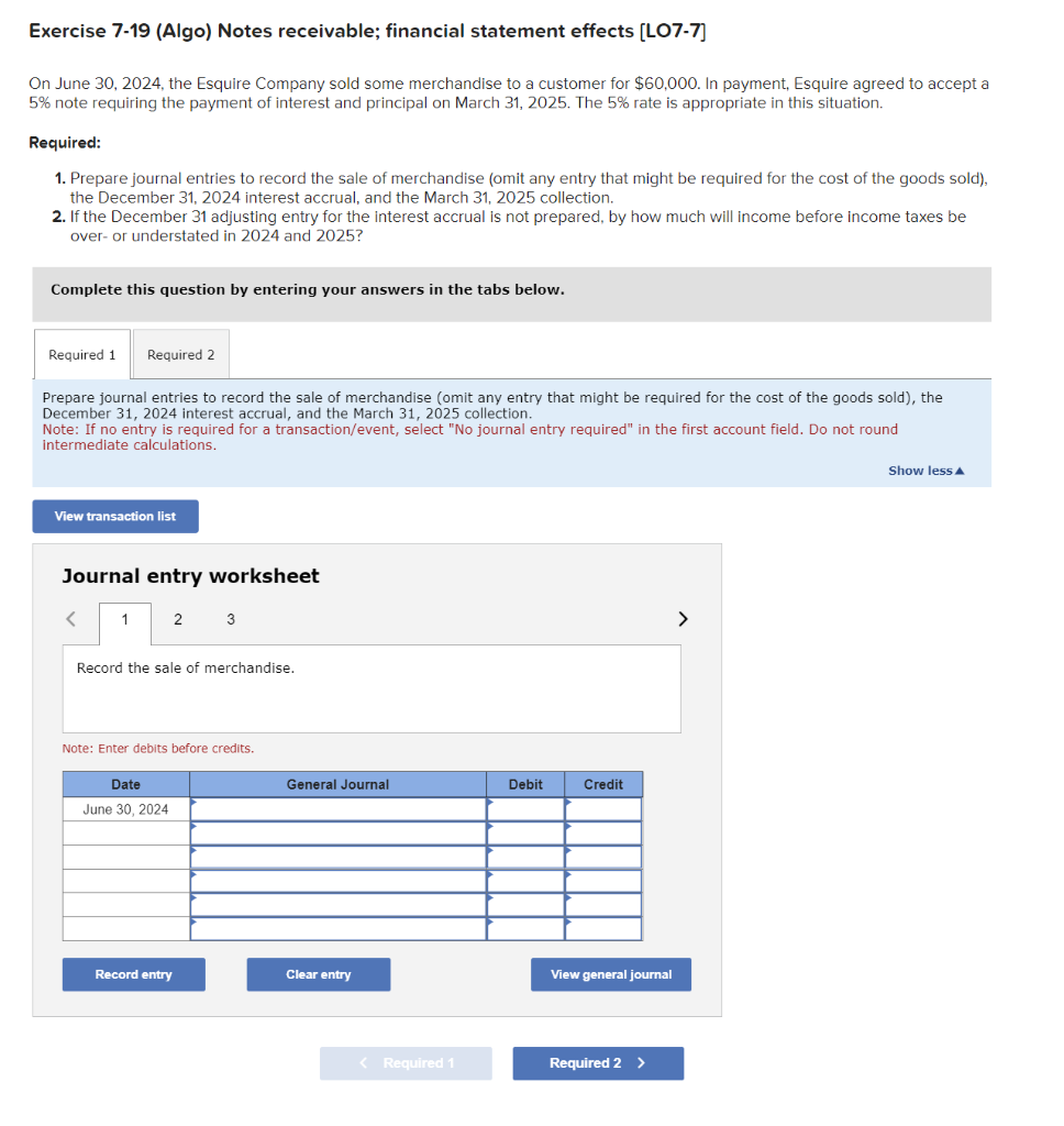 Solved Exercise 7-19 (Algo) Notes receivable; financial | Chegg.com