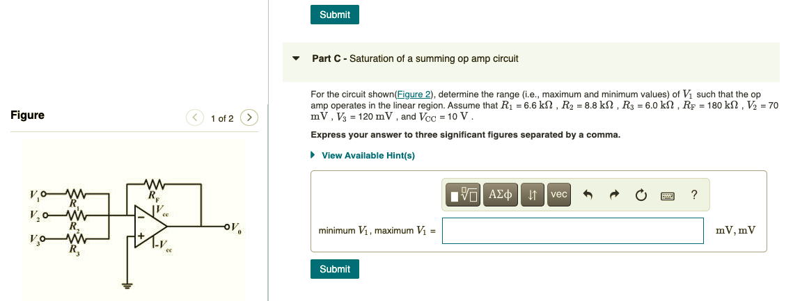 Solved Submit Part C - Saturation of a summing op amp | Chegg.com