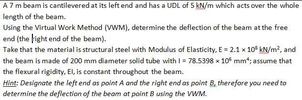 Solved A 7 m beam is cantilevered at its left end and has a | Chegg.com