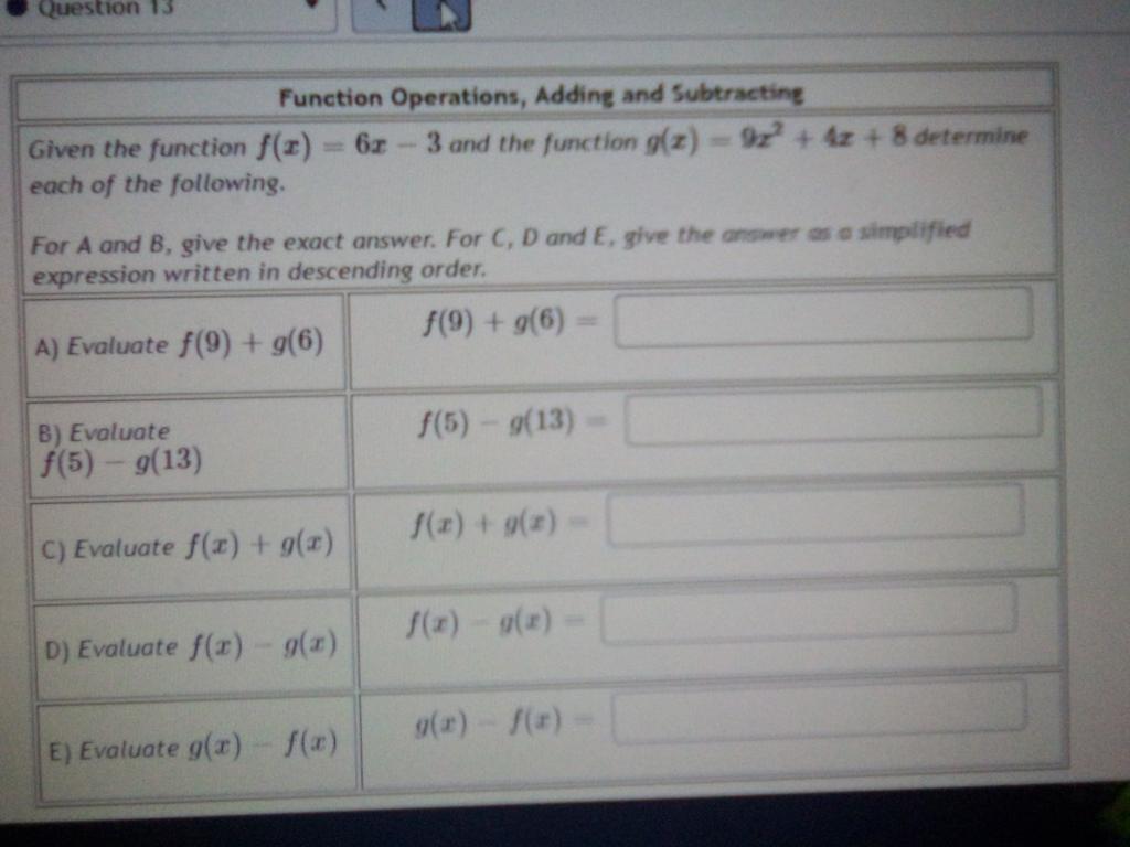 Solved Function Operations, Adding and Subtracting Given the | Chegg.com