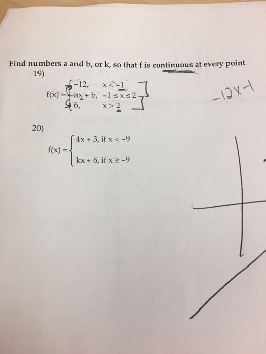 Solved Find numbers a and b, or k, so that f is continuous | Chegg.com