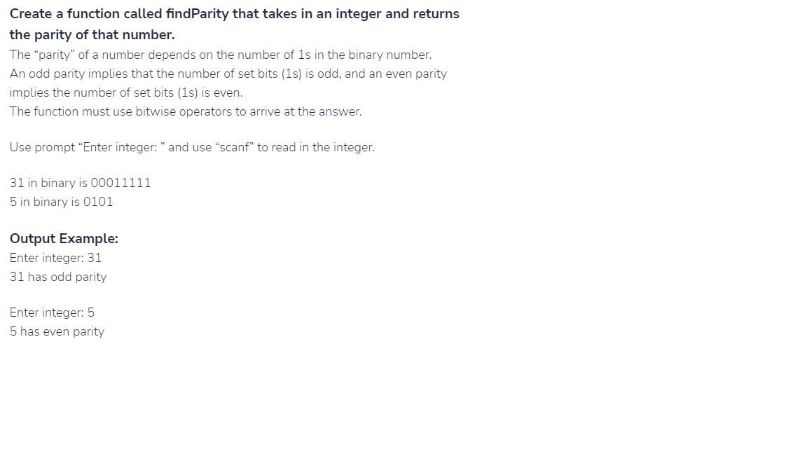 Solved Create a function called find Parity that takes in an | Chegg.com