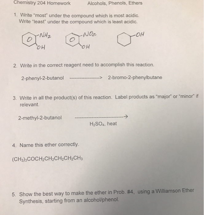 Solved Chemistry 204 Homework Alcohols, Phenols, Ethers 1. | Chegg.com