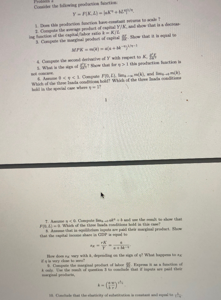 Solved Problem 2 Consider The Following Production Function