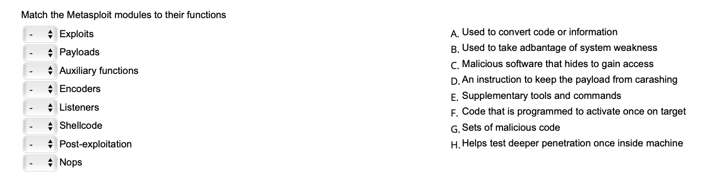 Solved Match the Metasploit modules to their functions | Chegg.com