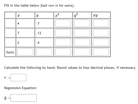 Solved Fill in the table below (last row is for sums). | Chegg.com