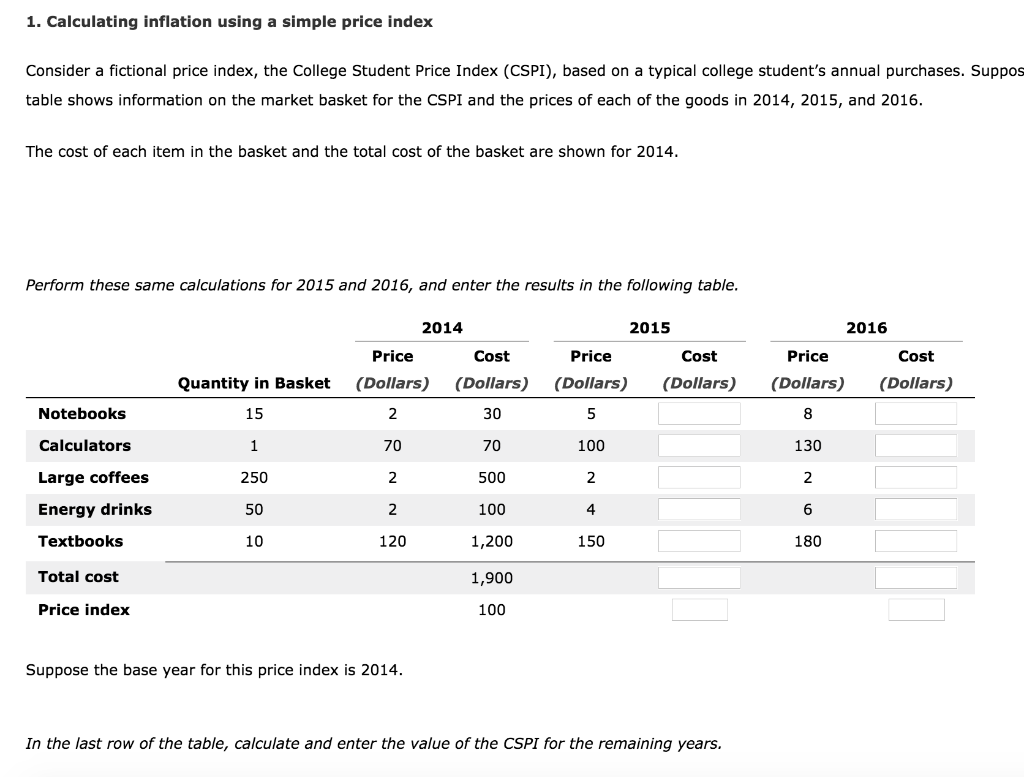 Solved 1. Calculating inflation using a simple price index | Chegg.com