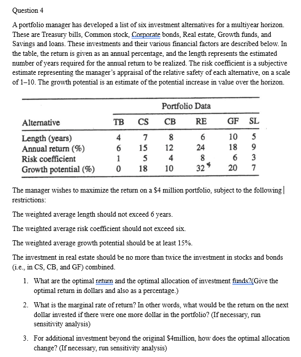 Solved Question 4A portfolio manager has developed a list of | Chegg.com