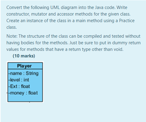 Solved Convert the following UML diagram into the Java code. | Chegg.com