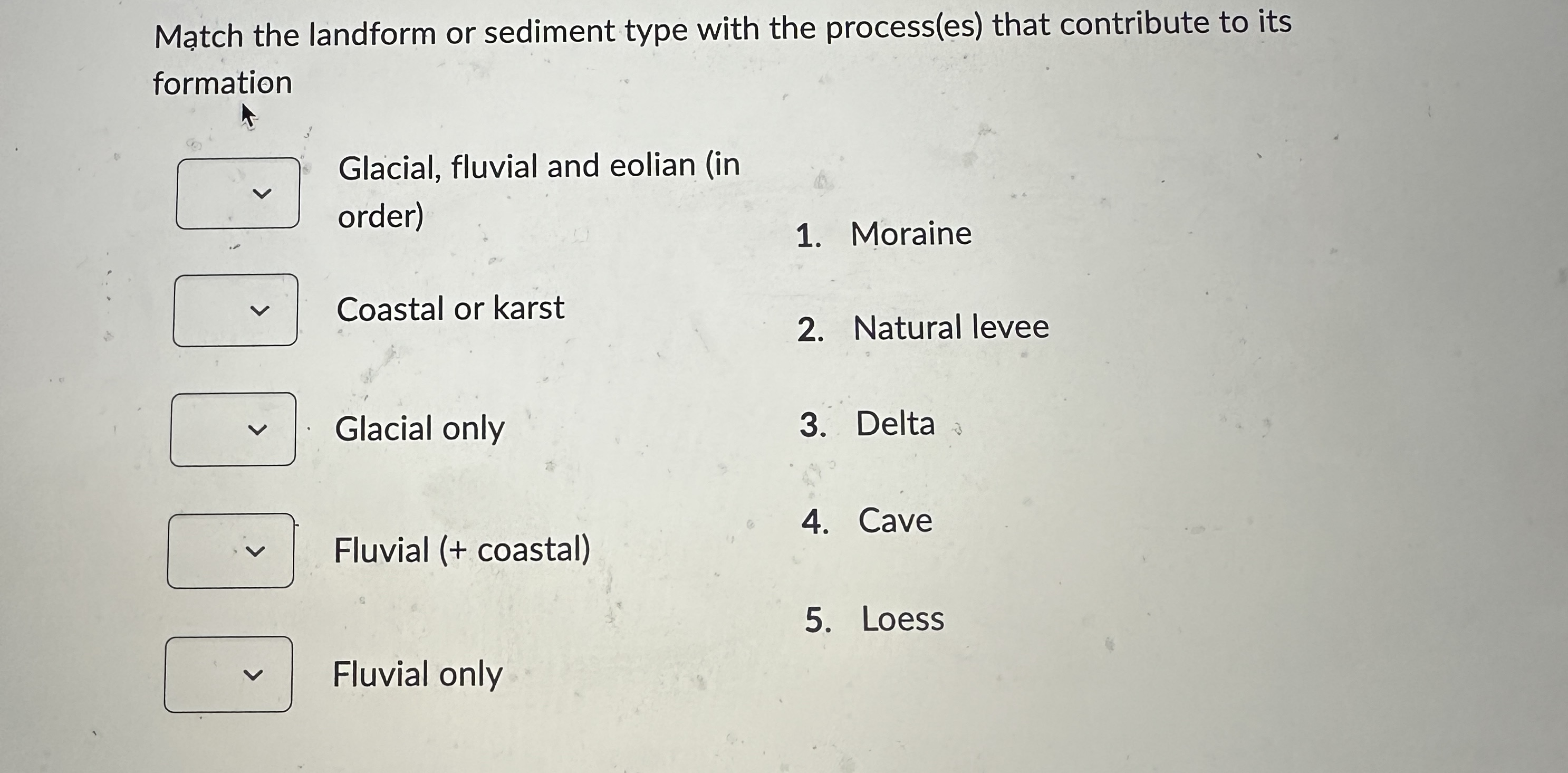 Solved Match the landform or sediment type with the | Chegg.com