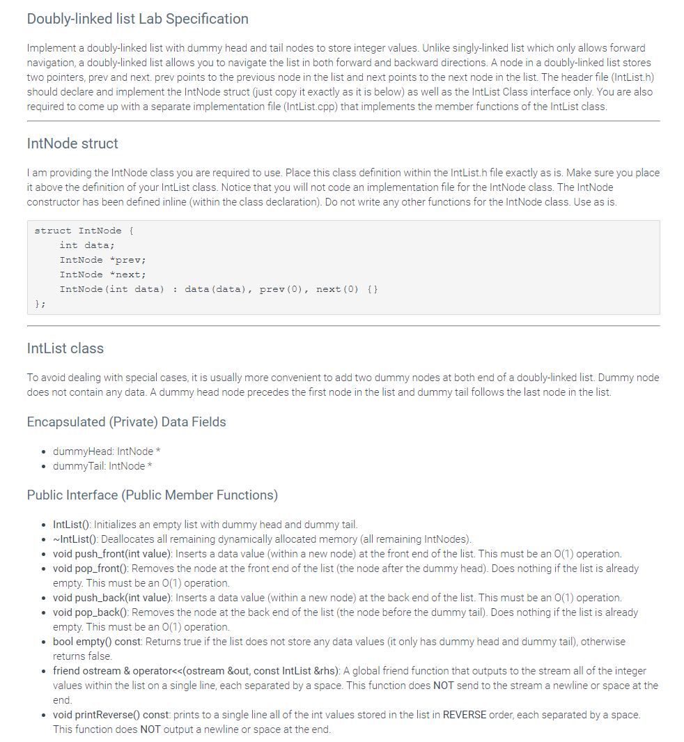 Solved Doubly-linked list Lab Specification Implement a | Chegg.com