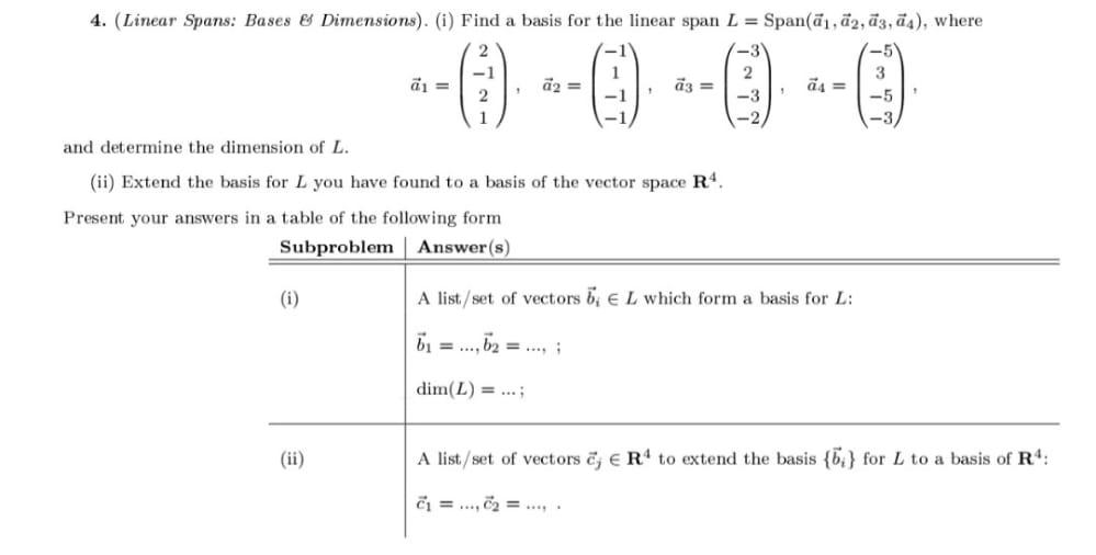 Solved 4. (Linear Spans: Bases & Dimensions). (i) Find a | Chegg.com