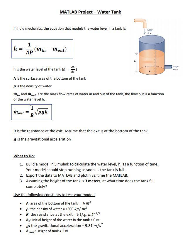 Solved MATLAB Project - Water Tank In fluid mechanics, the | Chegg.com