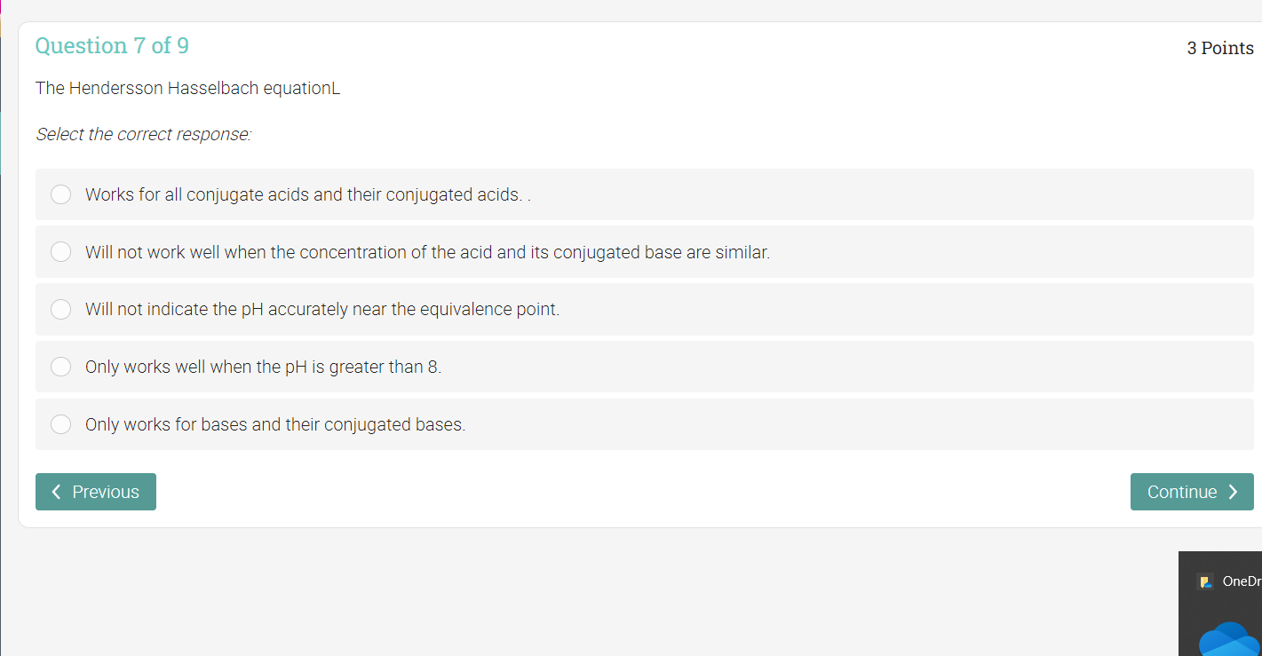 Solved Question 7 of 9 3 Points The Hendersson Hasselbach | Chegg.com