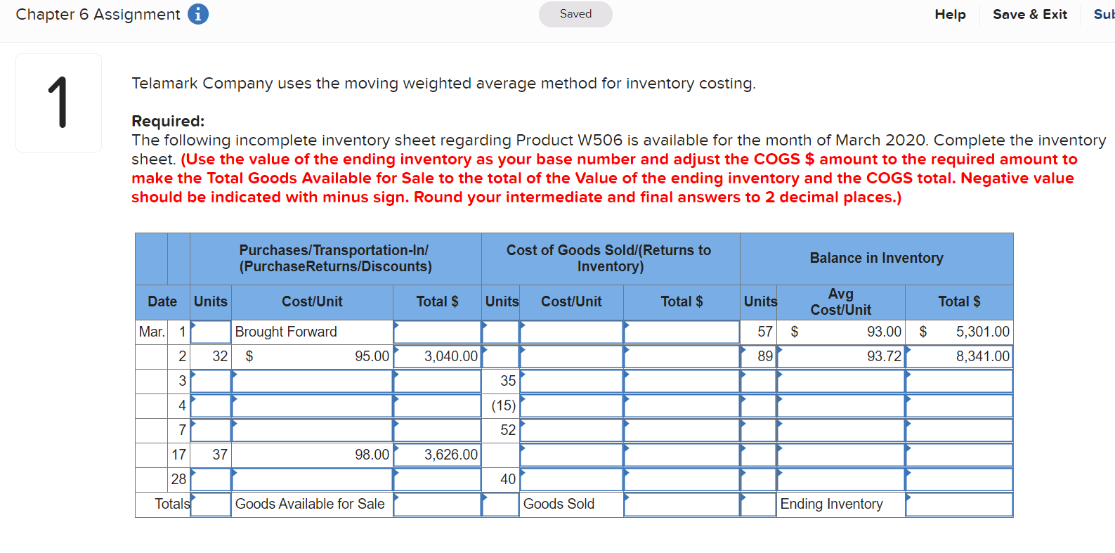 Solved Chapter 6 Assignment Saved Help Save & Exit Sub | Chegg.com