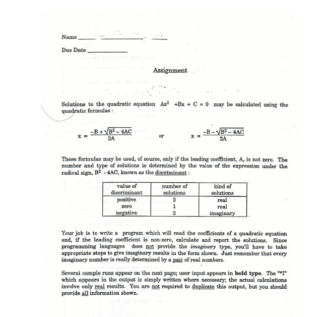 Solved Name Due Date Assignment Solutions to the quadratic | Chegg.com