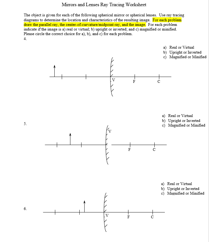Solved Mirrors and Lenses Ray Tracing Worksheet The object | Chegg.com