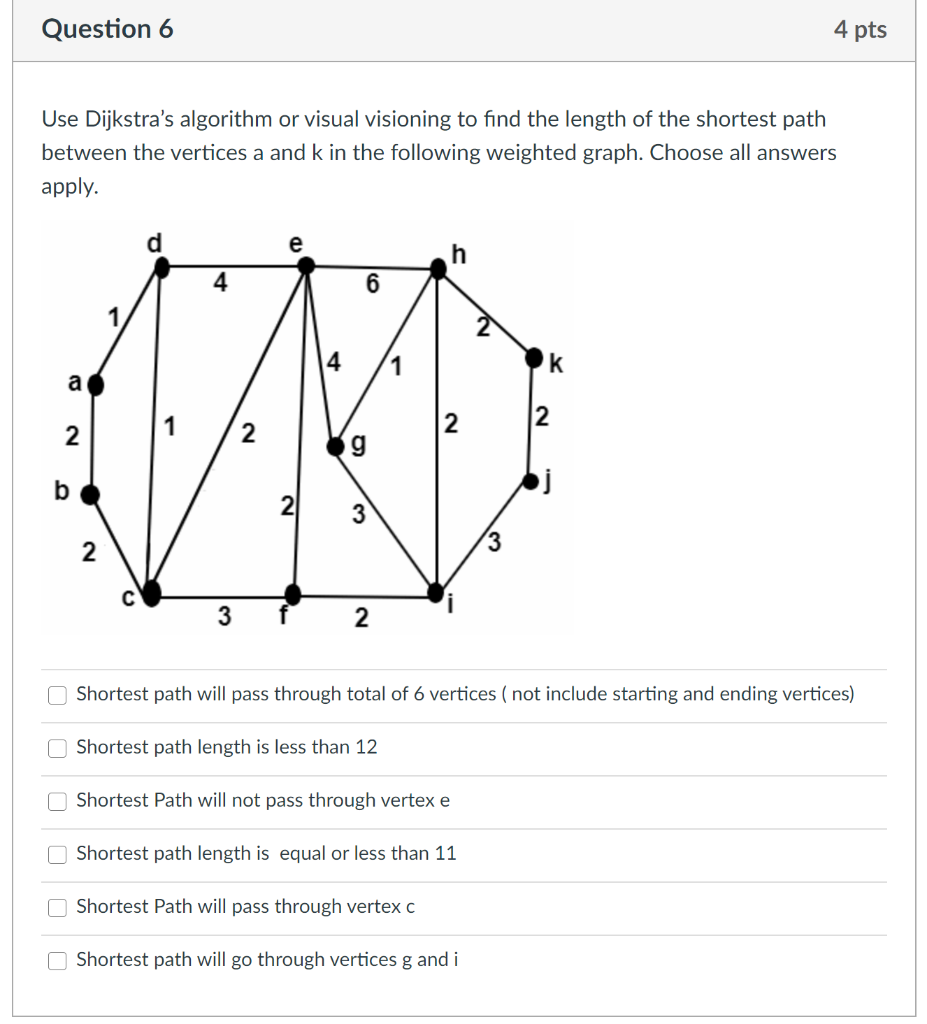 Solved Question 6 4 pts Use Dijkstra's algorithm or visual | Chegg.com
