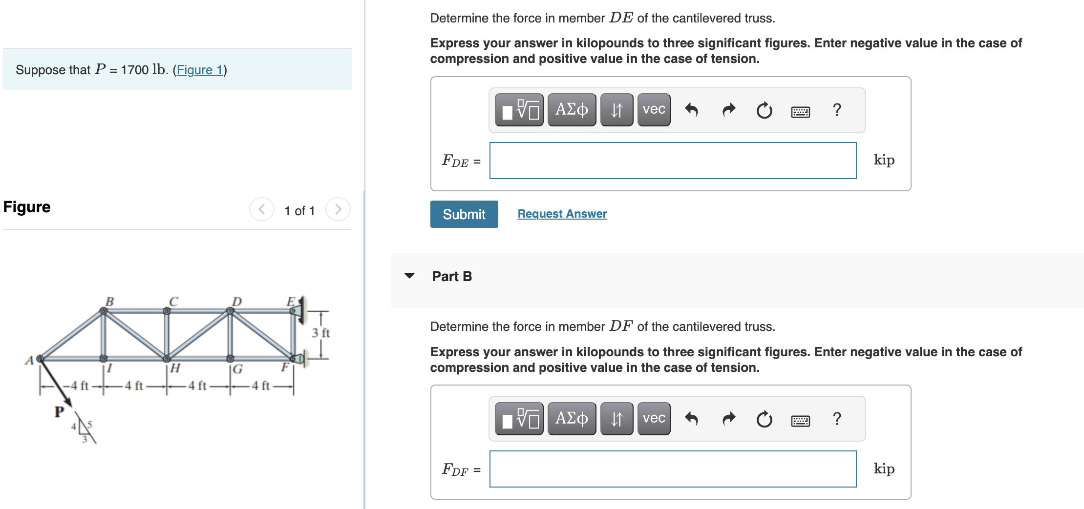 Solved Determine the force in member DE of the cantilevered | Chegg.com