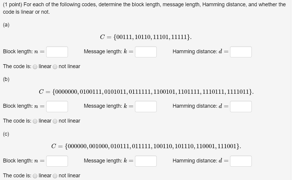 Solved (1 point) For each of the following codes, determine | Chegg.com
