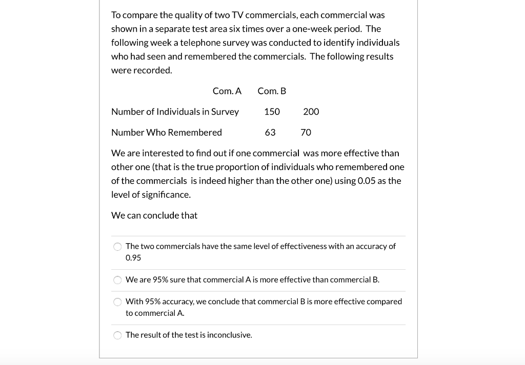 Solved To compare the quality of two TV commercials, each | Chegg.com