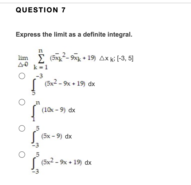 Solved Express the limit as a definite integral. | Chegg.com