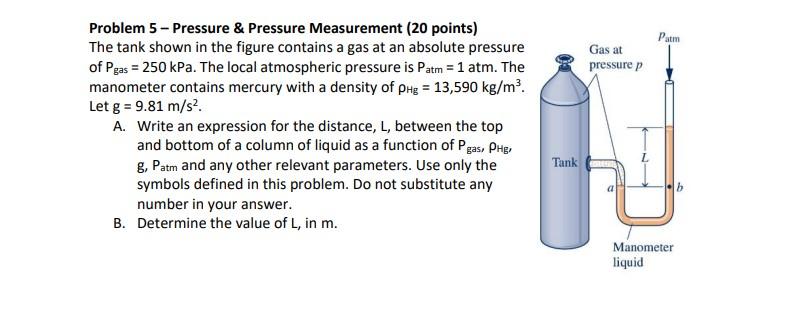Solved Patm Gas at pressure p Problem 5 - Pressure & | Chegg.com