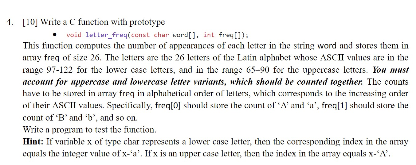 Solved 4. [10] Write a C function with prototype void | Chegg.com