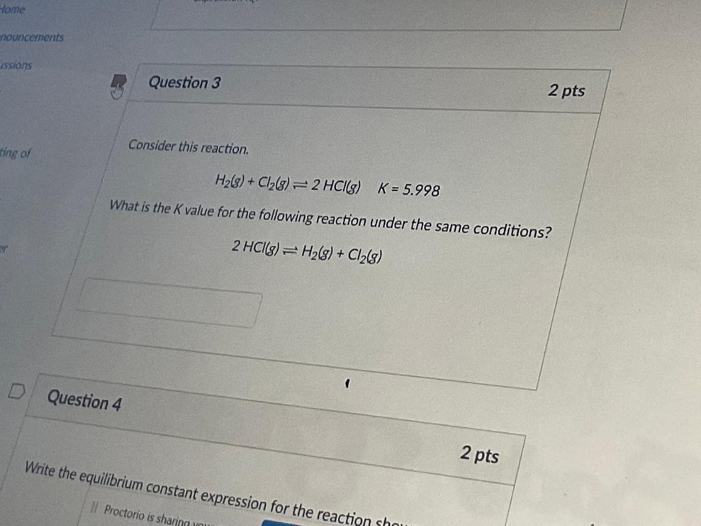 Solved Consider this reaction. H2(g)+Cl2(g)⇌2HCl(g)K=5.998 | Chegg.com