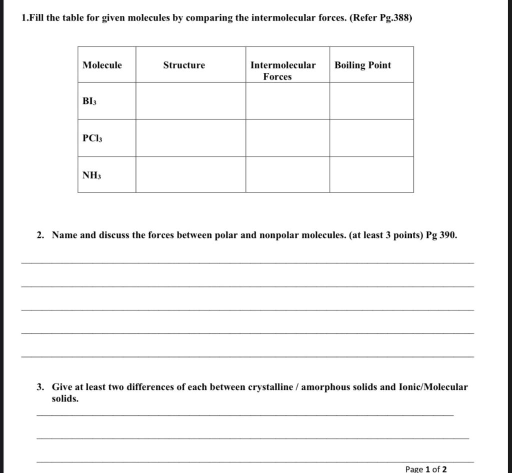 Solved 1.Fill the table for given molecules by comparing the | Chegg.com