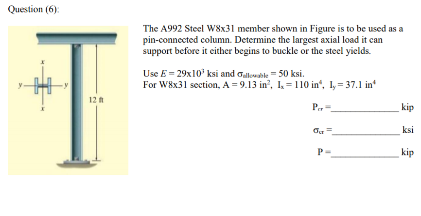 Solved Question (6): The A992 Steel W8x31 member shown in | Chegg.com