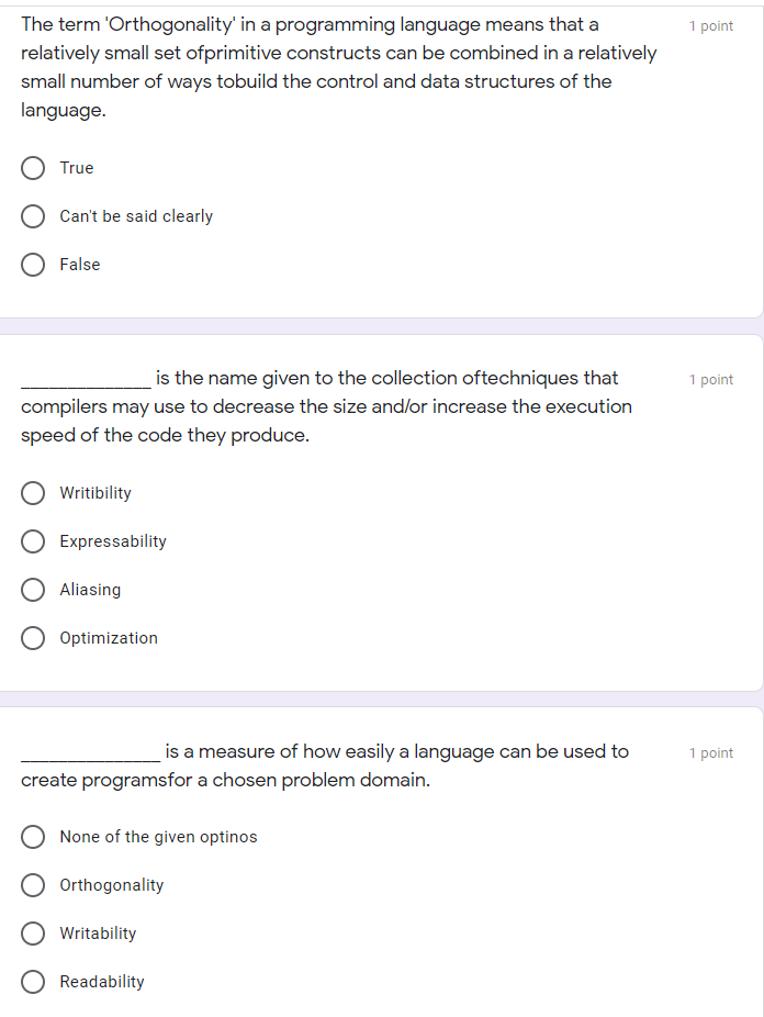 Solved 1 point The term 'Orthogonality' in a programming | Chegg.com