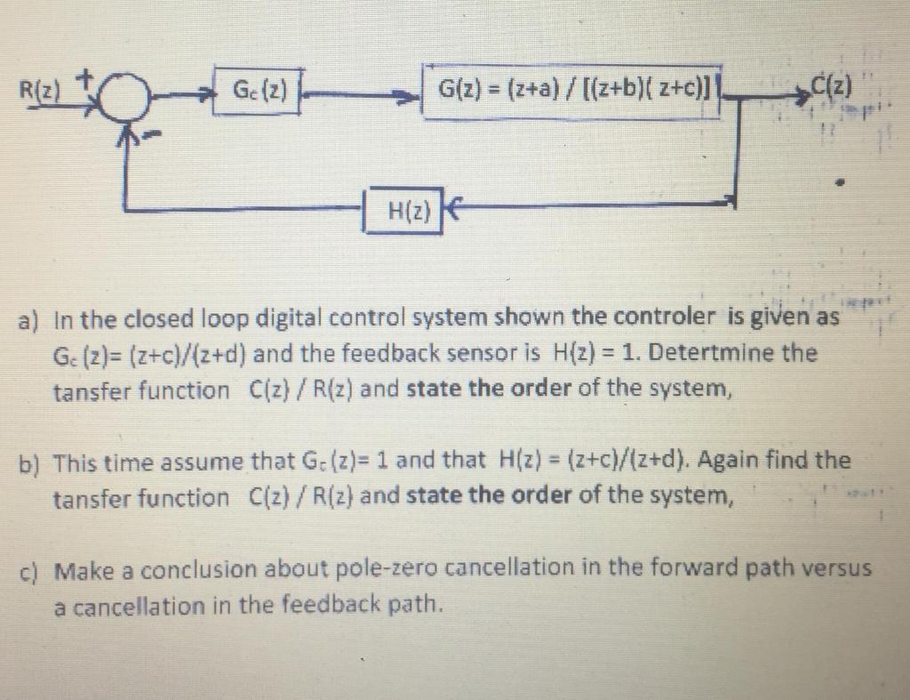 Solved R(z) Ge(z) G(z) = (z+a) / [(z+b)(z+c)] C(z) H(z) a) | Chegg.com