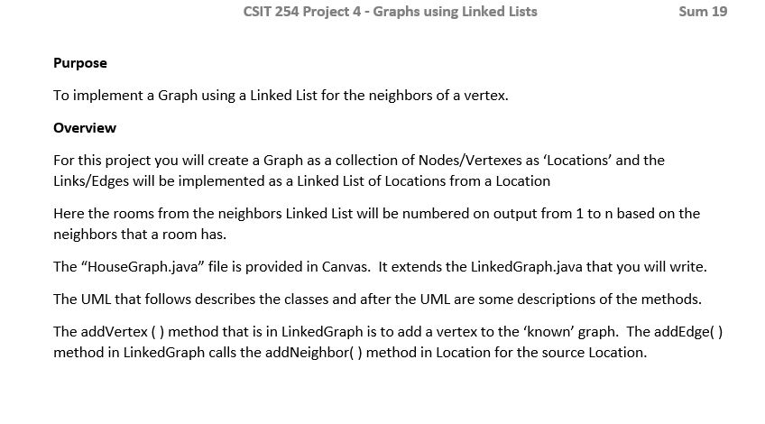 CSIT 254 Project 4 - Graphs using Linked Lists Sum 19 | Chegg.com