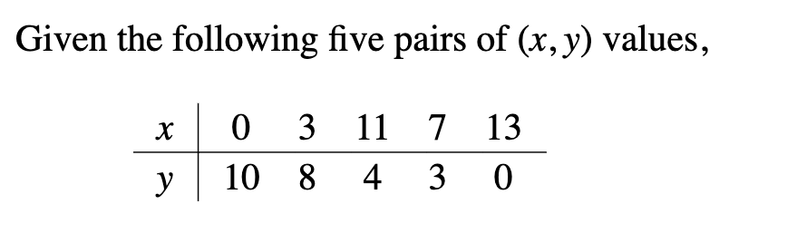 Solved Given the following five pairs of (x,y) values,oblem | Chegg.com