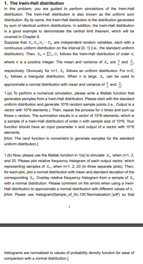 Solved 1. The Irwin-Hall distribution In this problem, you | Chegg.com