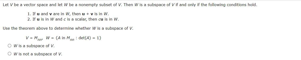 Solved Let V be a vector space and let W be a nonempty | Chegg.com