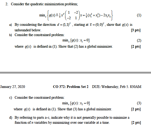 2. Consider the quadratic minimization problem; | Chegg.com